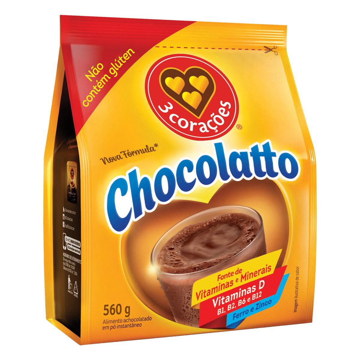 Achocolatado em Pó 3 Corações Chocolatto Pacote 560g | Bretas Supermercado